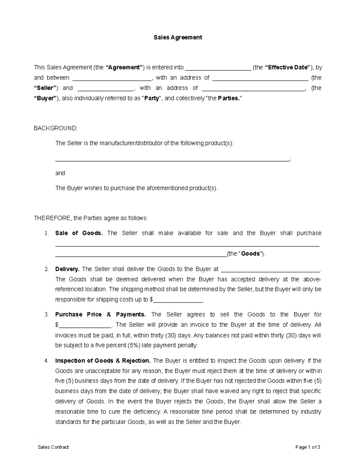 Contract of Sale Template - Sales Agreement This Sales Agreement (the ...