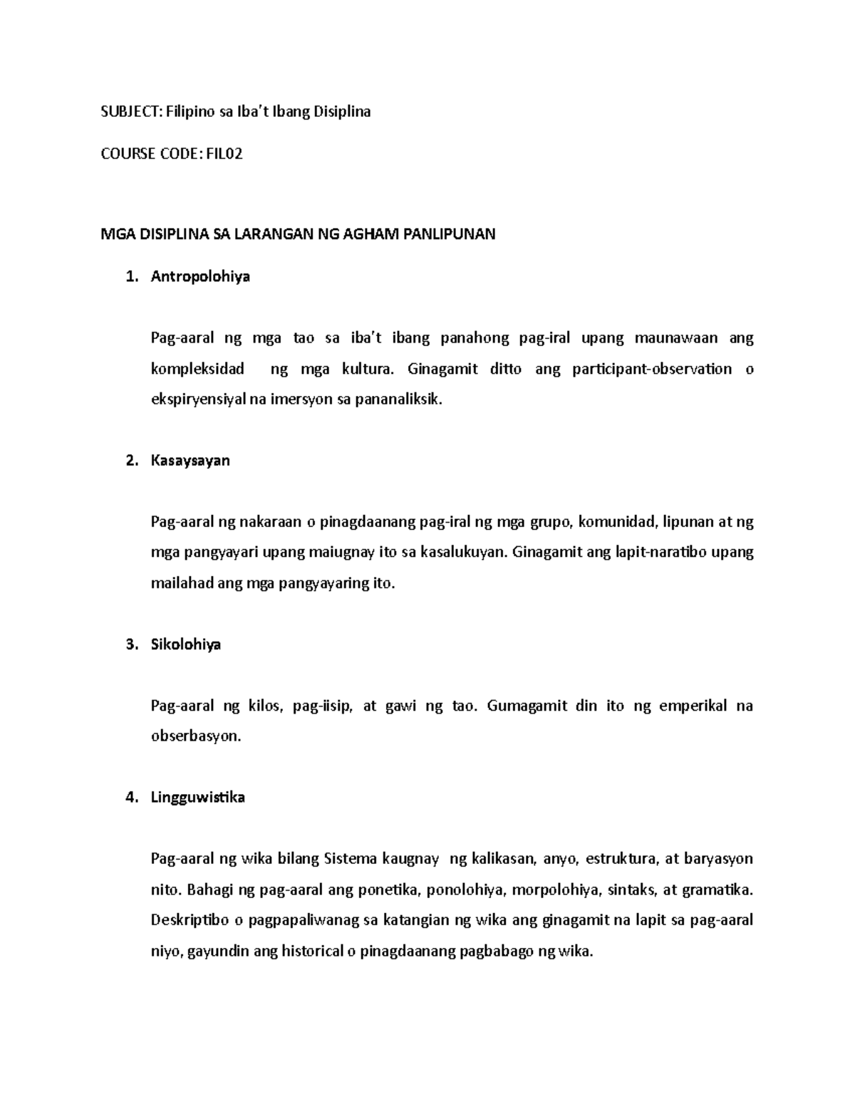 GA Disiplina SA Larangan NG Agham Panlipunan - SUBJECT: Filipino sa Iba ...