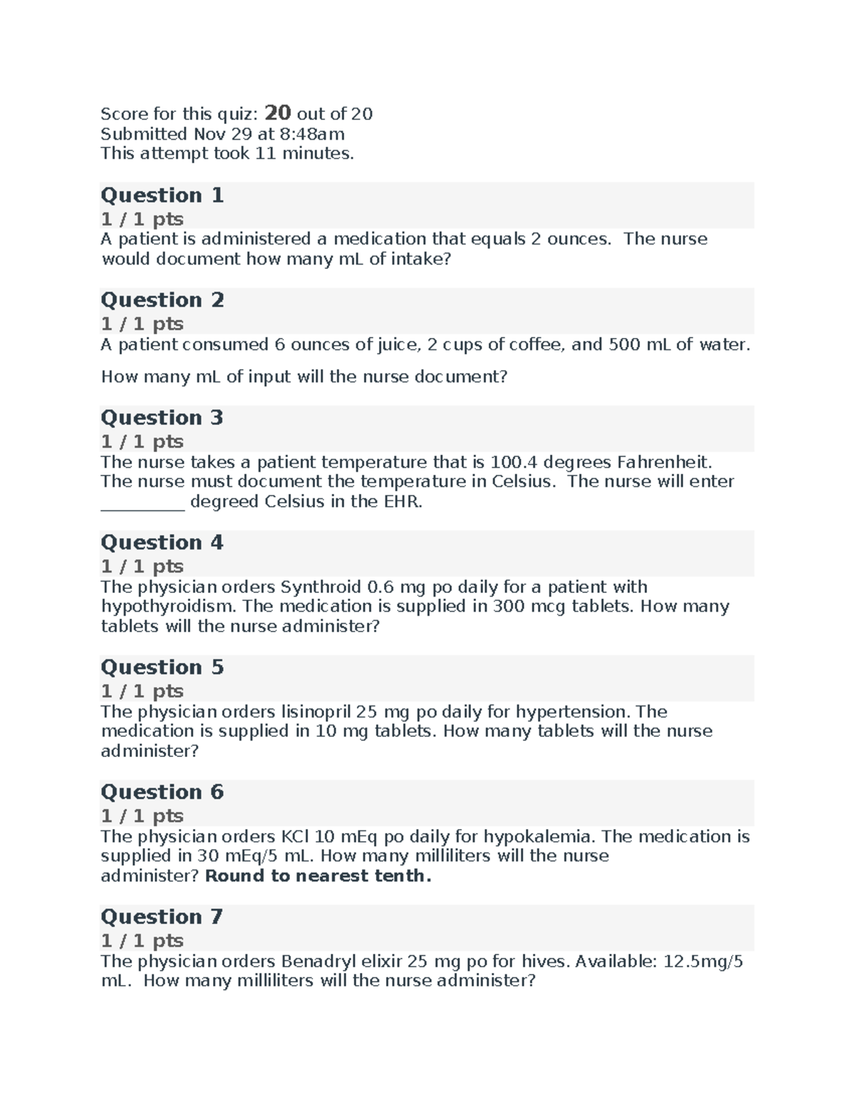 Doseage Calc - Dosage caclution test - Score for this quiz: 20 out of ...