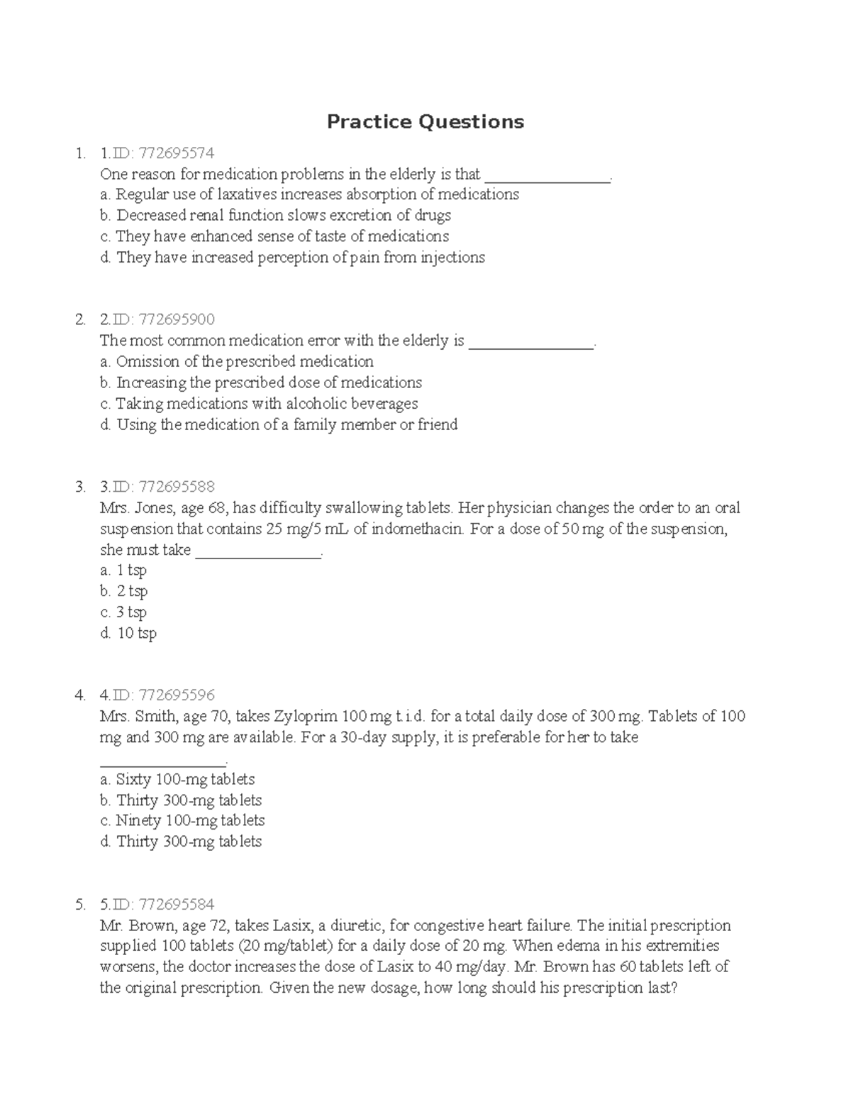 Practice Questions Drug Calculation - Practice Questions 1. 1: ...