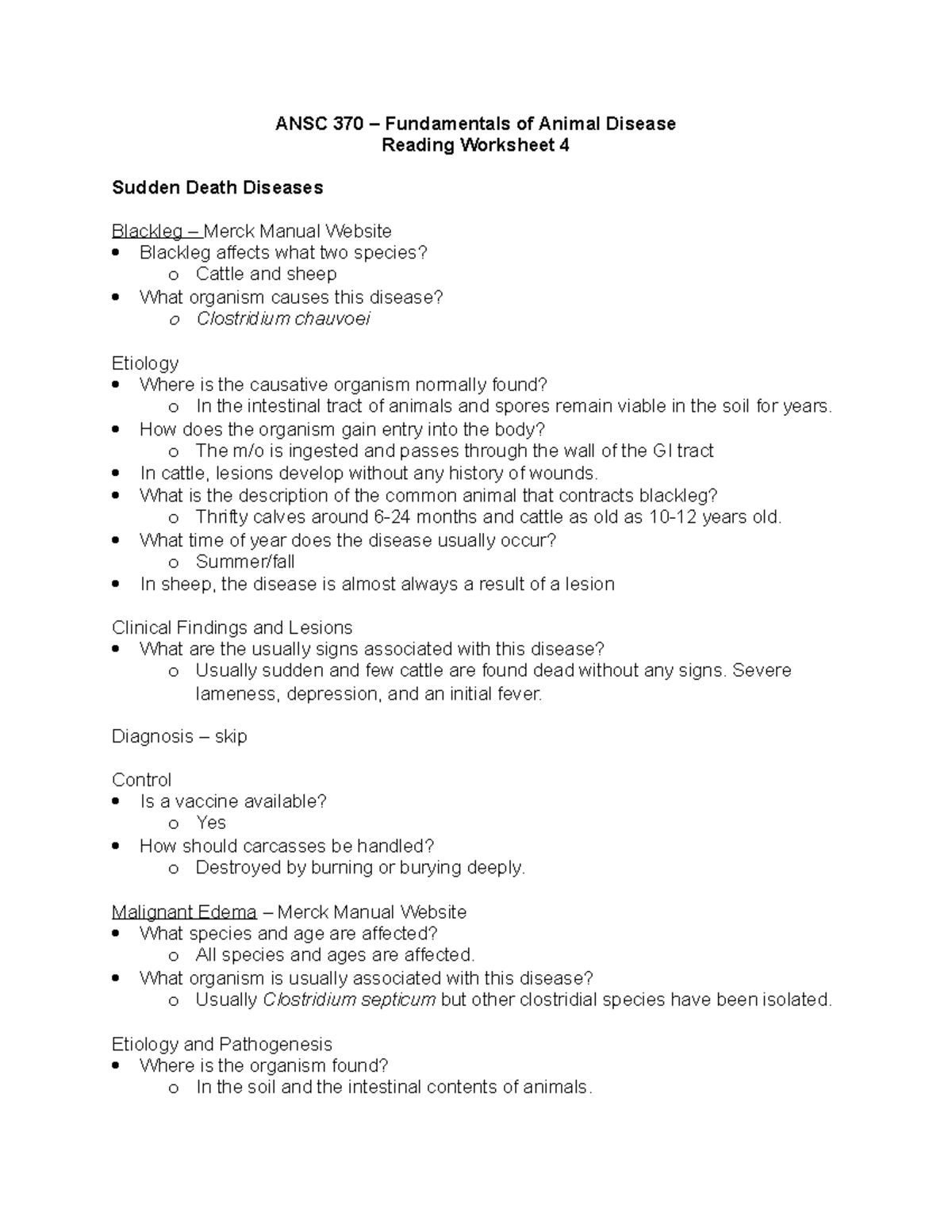 Study guide (Diseases 3) - ANSC 370 – Fundamentals of Animal Disease ...