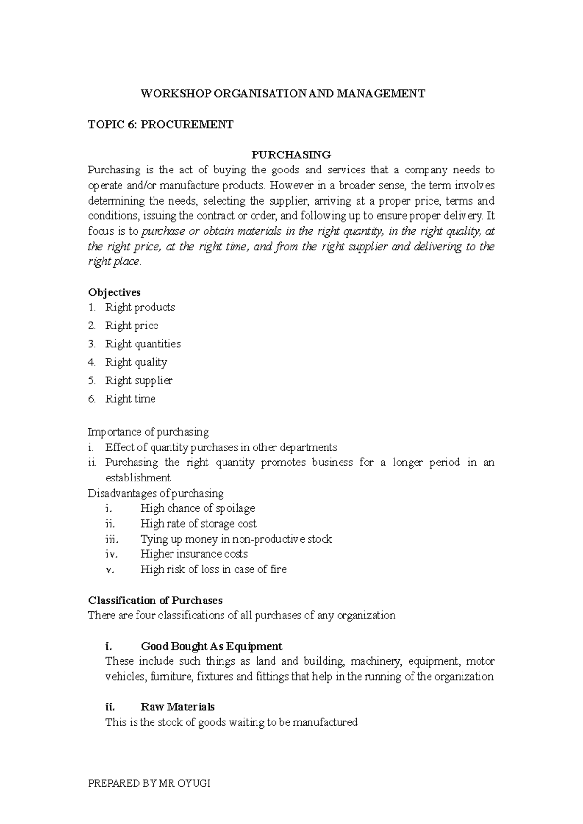 Mr. oyugi -wom notes part 6 - WORKSHOP ORGANISATION AND MANAGEMENT ...