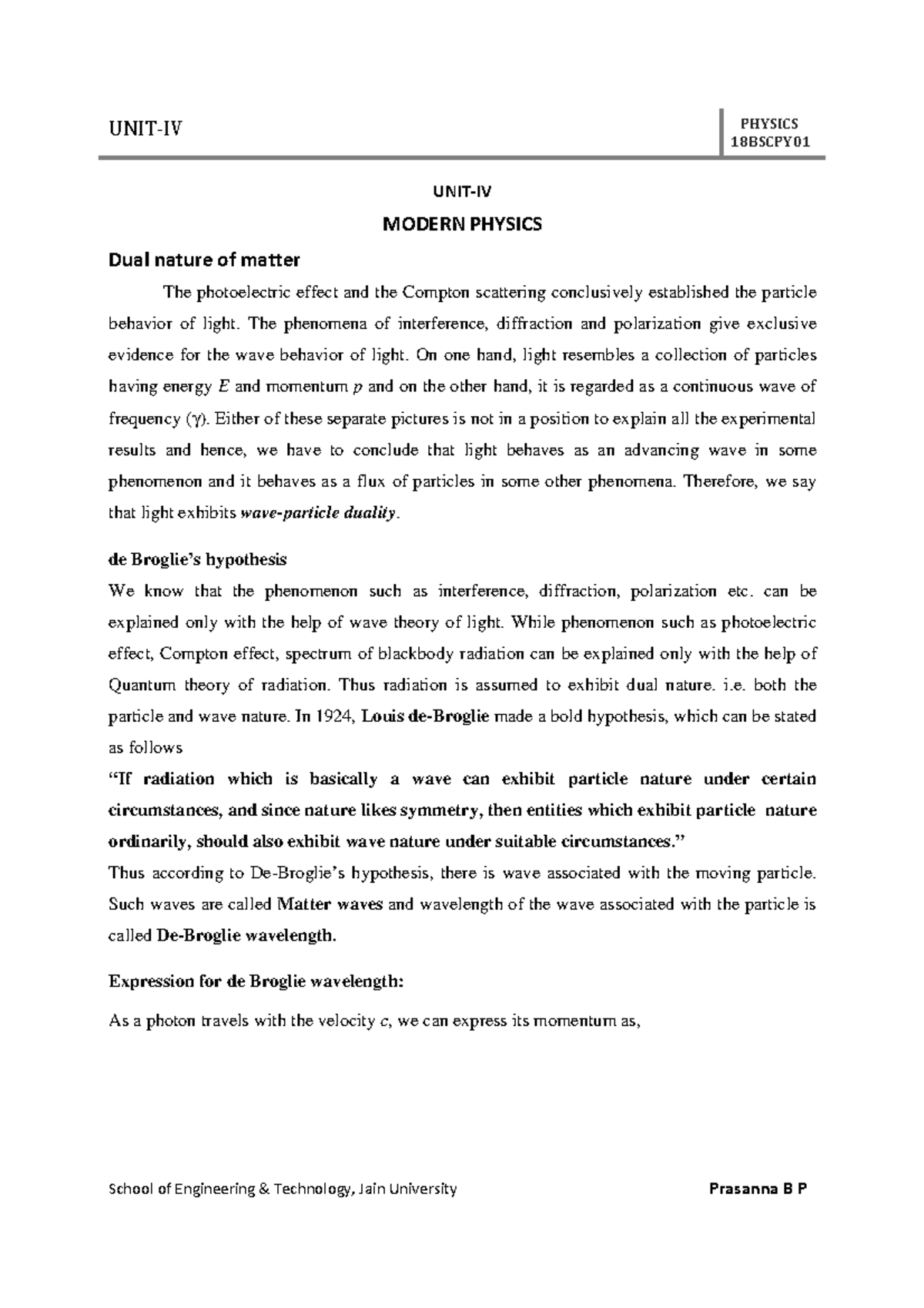 Dual Nature of Matter - ####### UNIT-IV MODERN PHYSICS Dual nature of ...