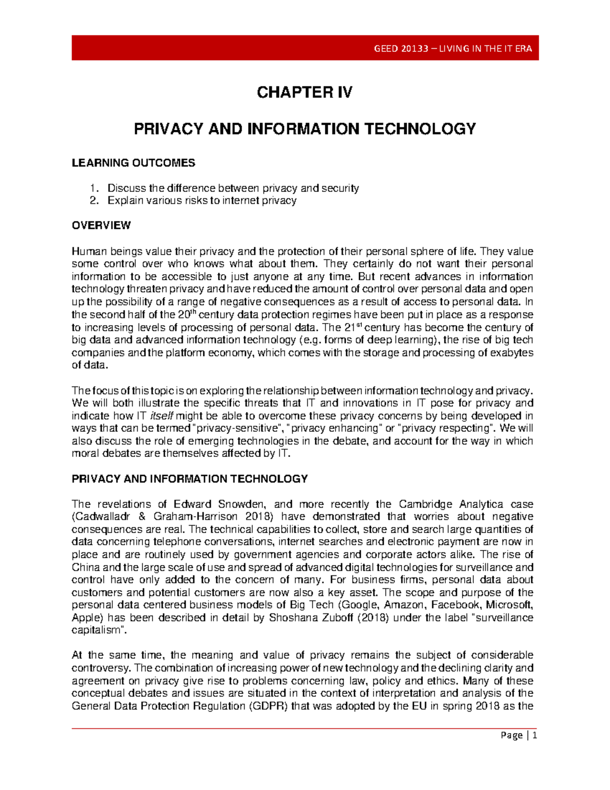 GEED 2013 3 Chapter 4 - Lecture notes 4 - CHAPTER IV PRIVACY AND ...