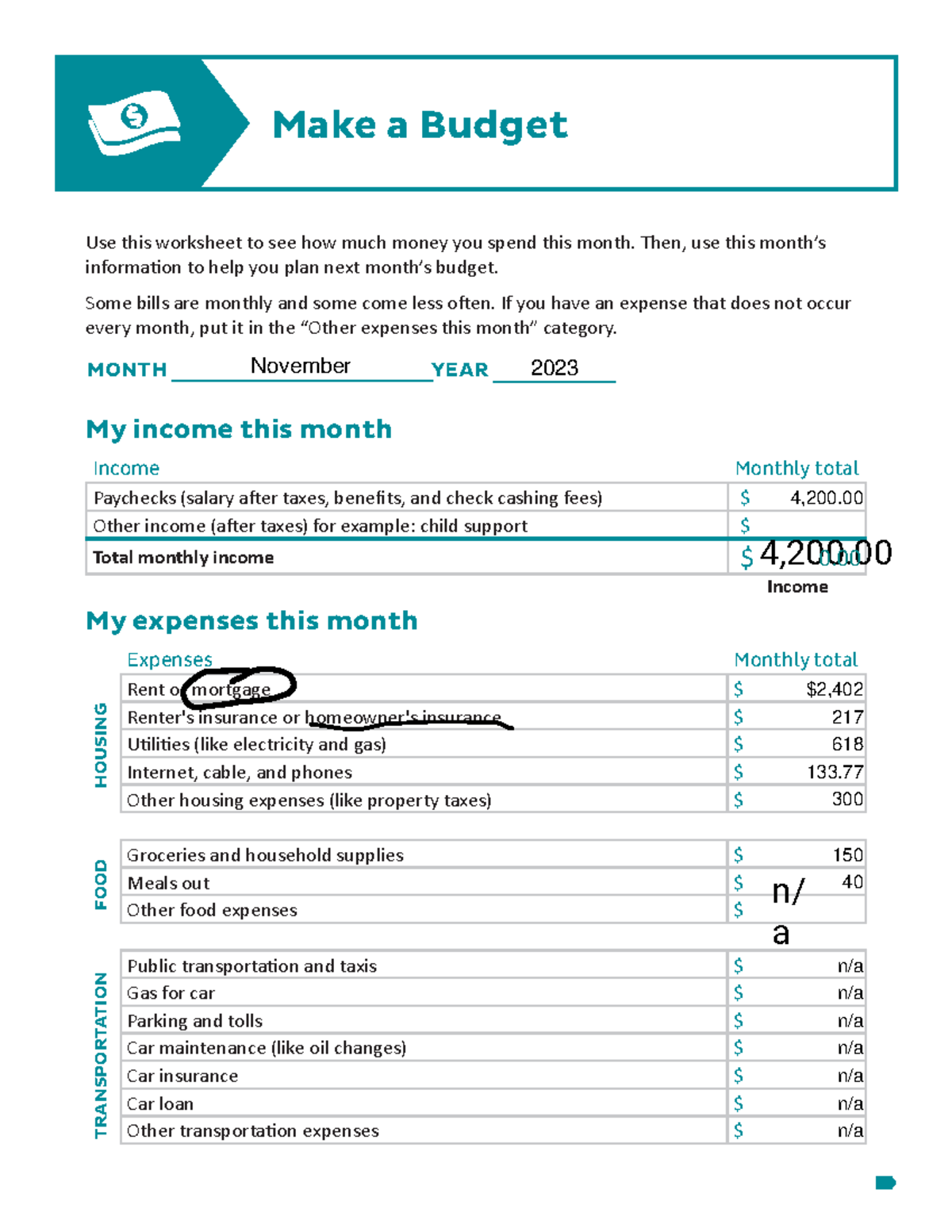Monthly Budget Assignment - Make a Budget Use this worksheet to see how ...