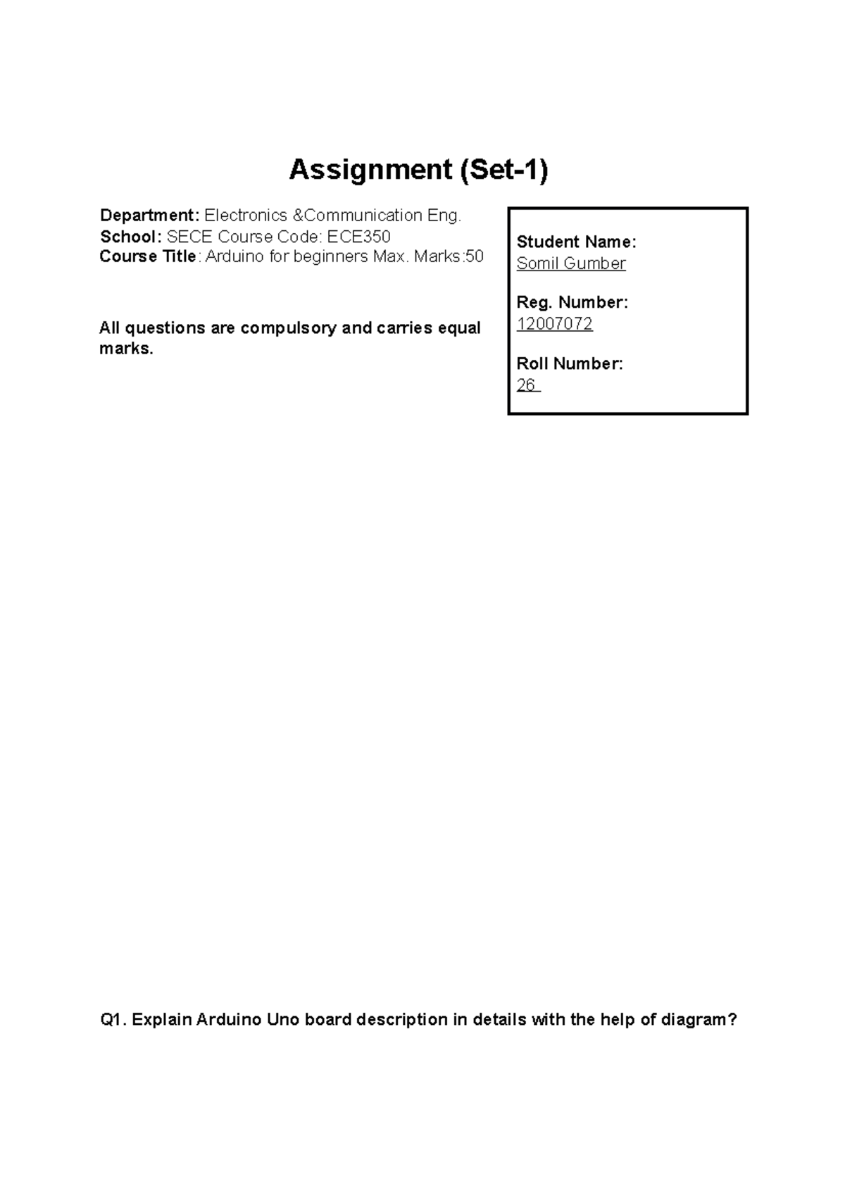 Embedded System - Assignment (Set-1) Department: Electronics ...