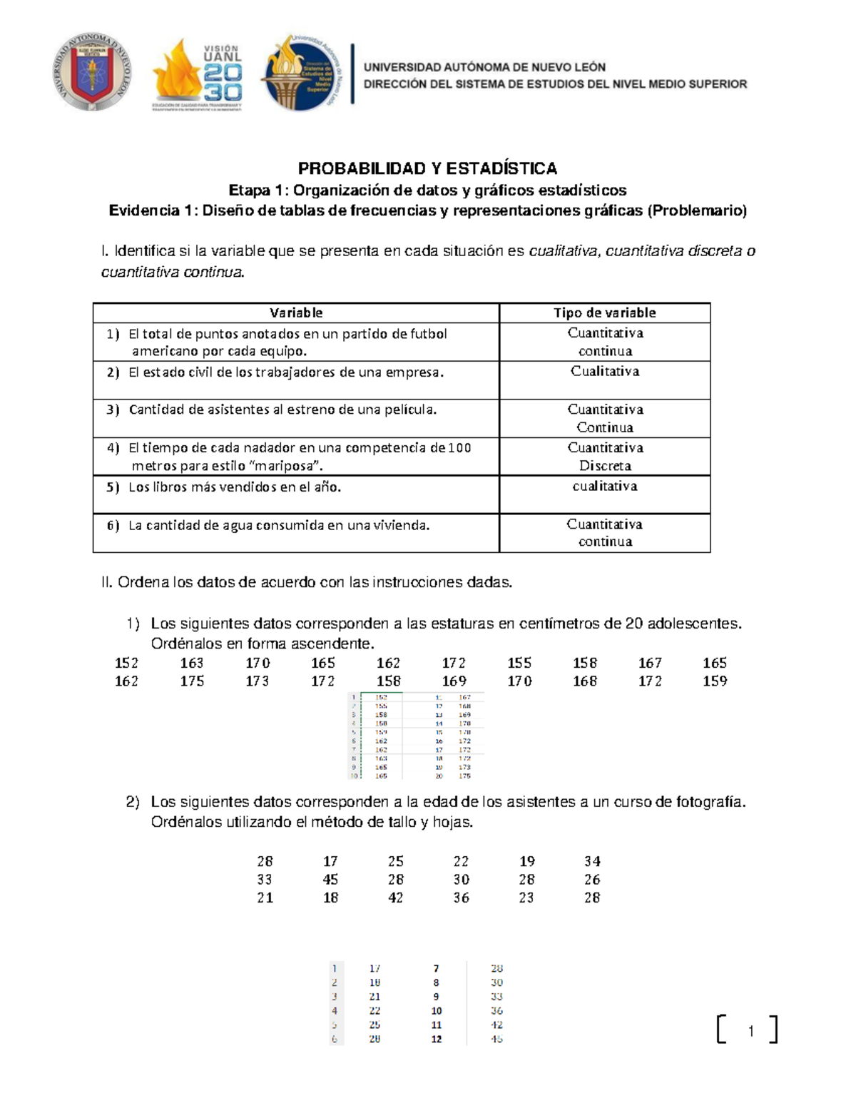 Problemario Evidencia-1 - 1 PROBABILIDAD Y ESTADÍSTICA Etapa 1 ...