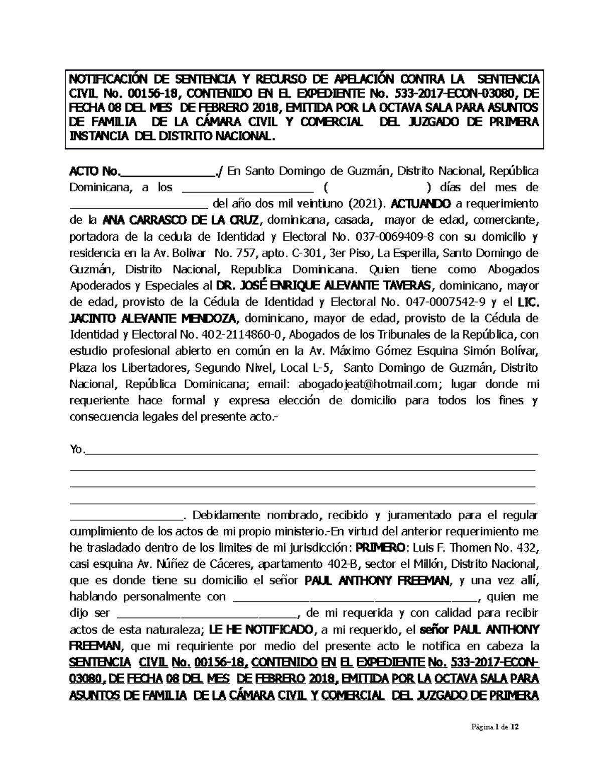 Recurso DE Apelación Contra DE LA Sentencia, Ana Carrasco, ter - NOTIFICACIÓN DE SENTENCIA Y ...
