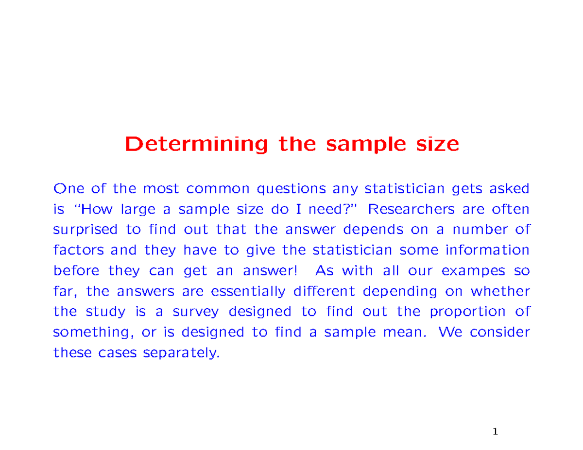 Samplesize - Lecture notes 1 - Determining the sample size One of the ...