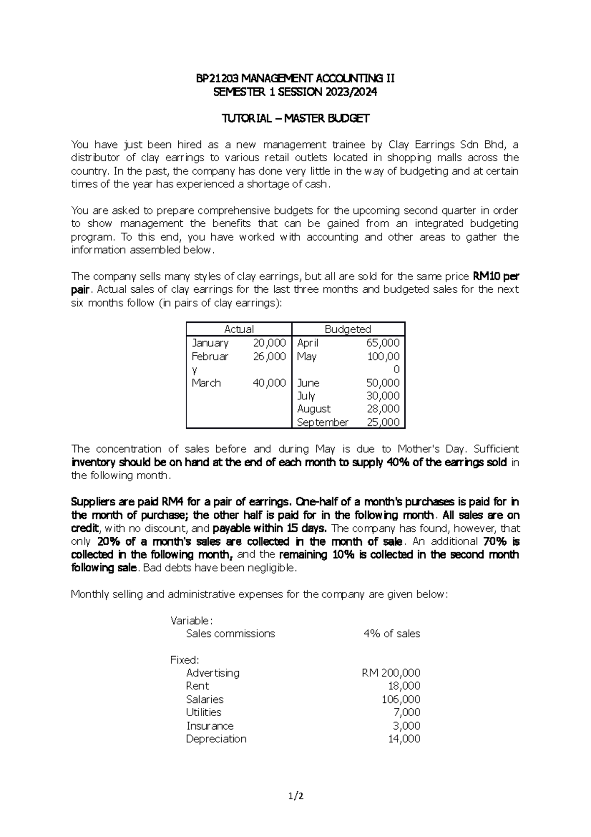 Tutorial Chapter 2 - Exercise - BP21203 MANAGEMENT ACCOUNTING II ...