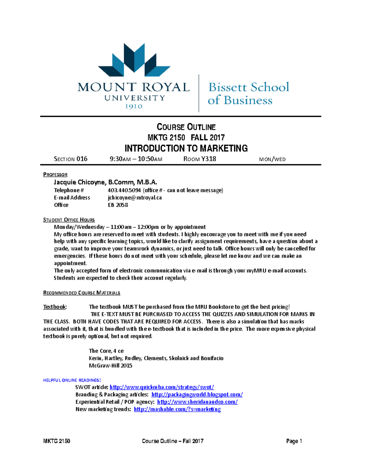 Course Outline - Summary Introduction to Marketing - COURSE OUTLINE ...