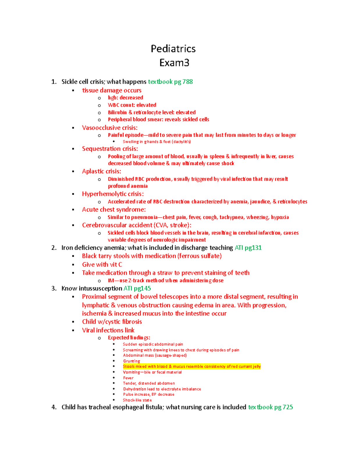 EXAM3Peds - study guide - Pediatrics Exam 1. Sickle cell crisis; what ...