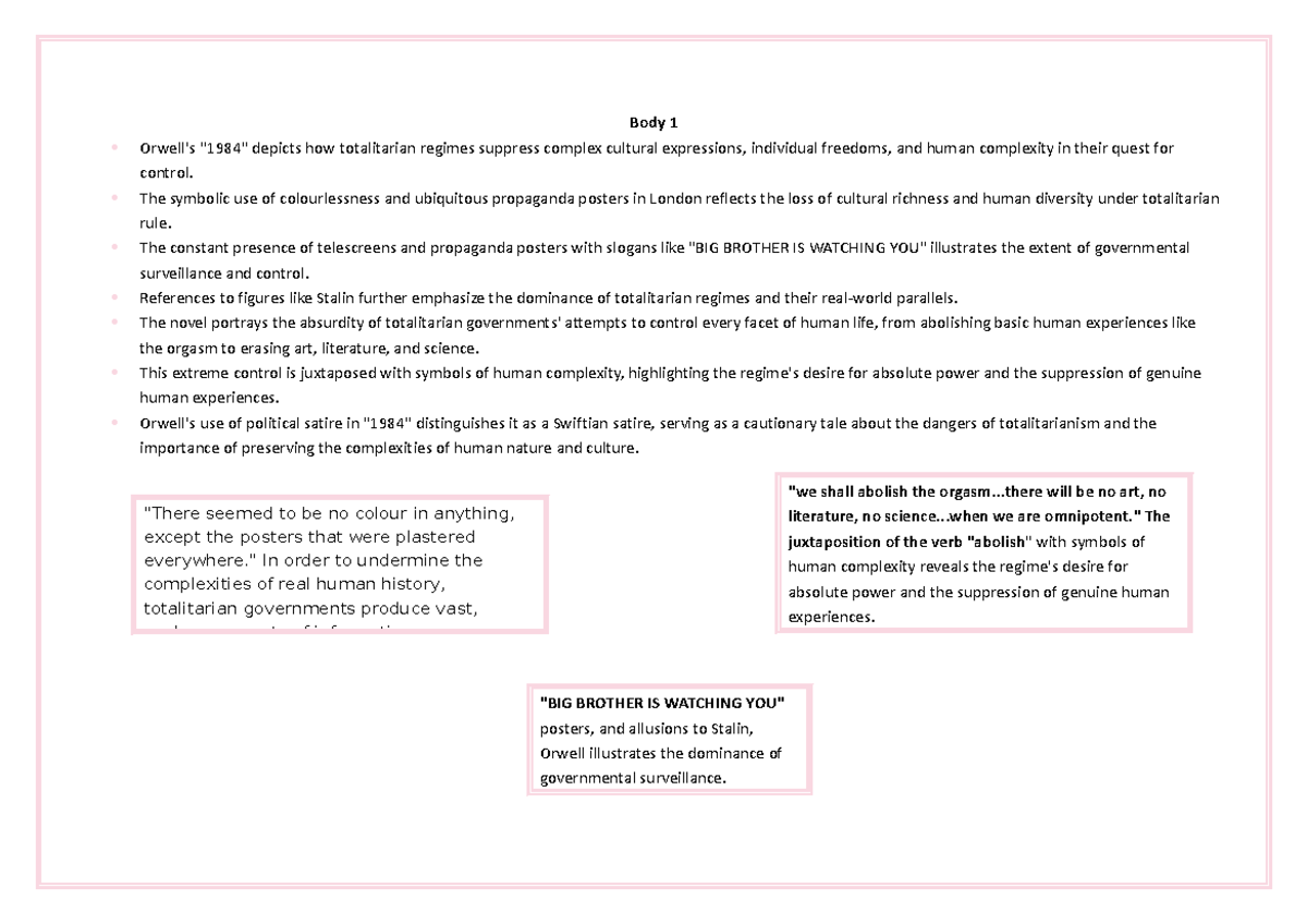 1984 Notes to help with essay prep - Body 1 Orwell's "1984" depicts how ...