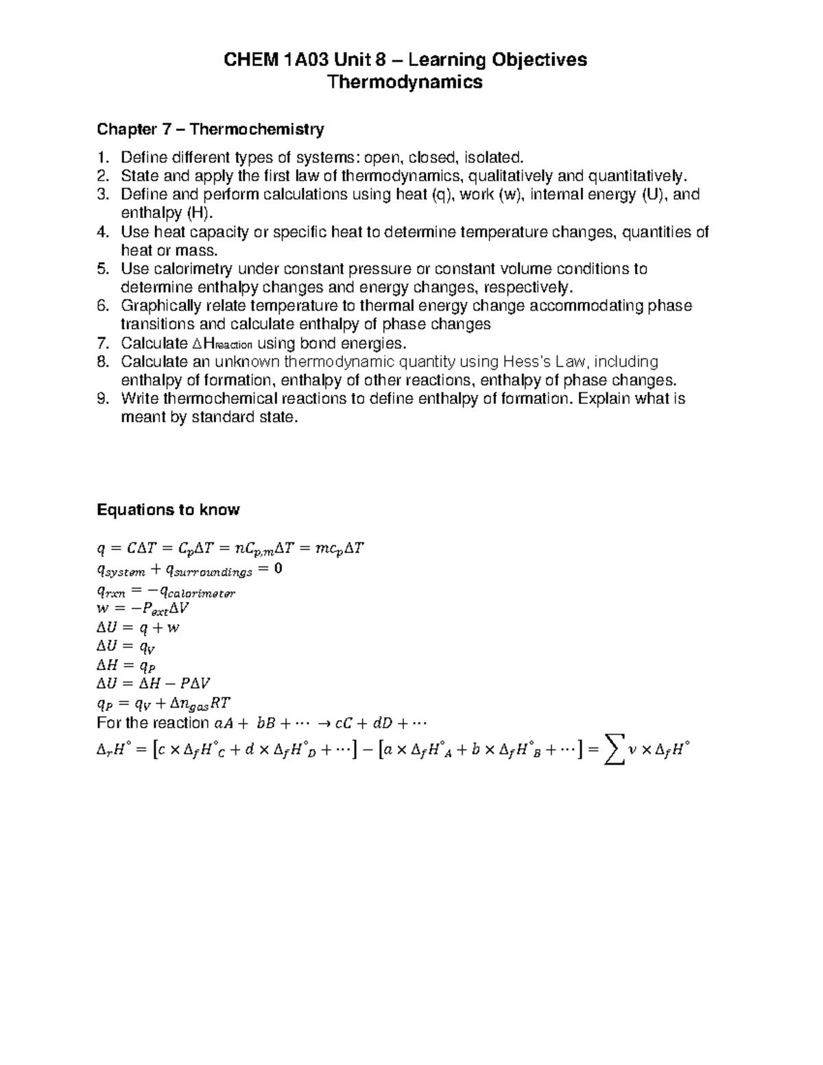 Unit 8 - Enthalpy Learning Objectives 2020 - CHEM 1A03 Unit 8 – Learning Objectives ...