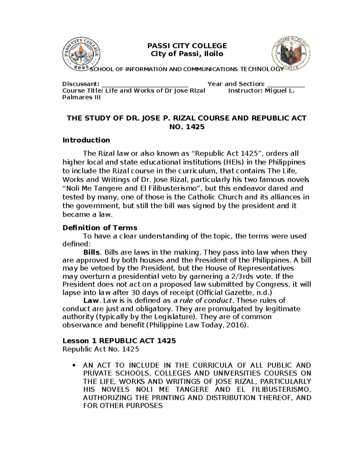 Rizal(Hard Copy of Report) - PASSI CITY COLLEGE City of Passi, Iloilo ...