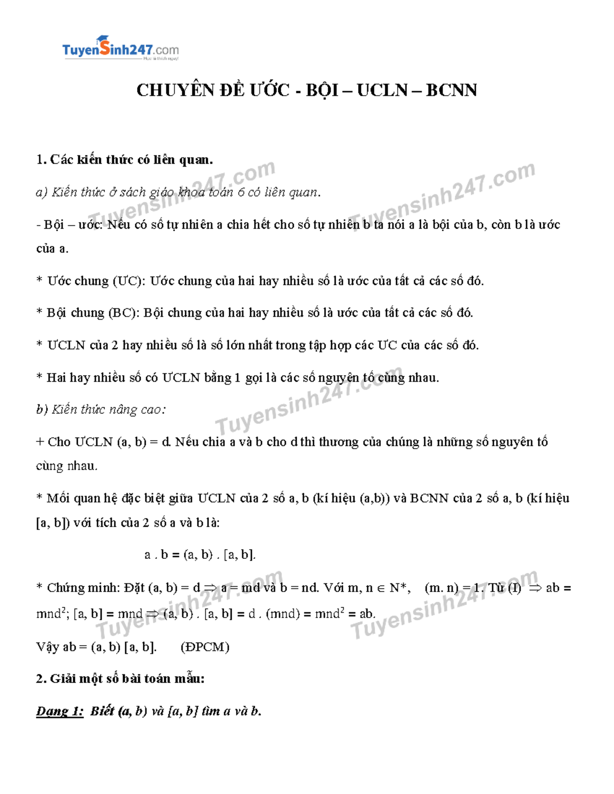 Chuyen de uoc boi ucln bcnn - CHUYÊN ĐỀ ƯỚC - BỘI – UCLN – BCNN Các ...