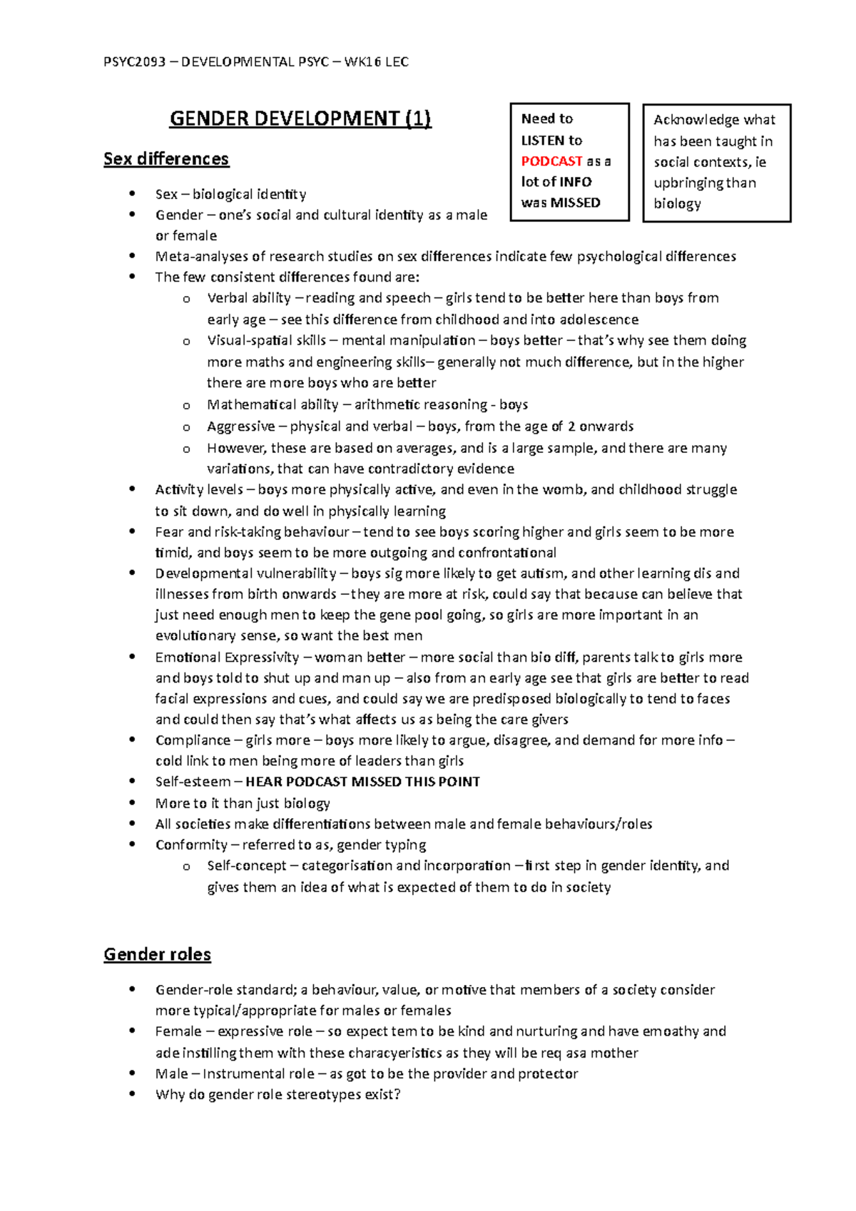 WK16 Gender Development I - GENDER DEVELOPMENT (1) Sex differences Sex ...