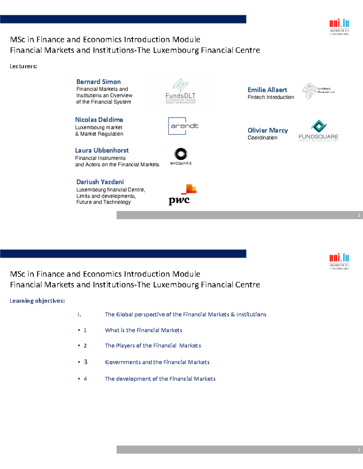 000 Financial Markets and Institutions The LFC - MSc in Finance and ...