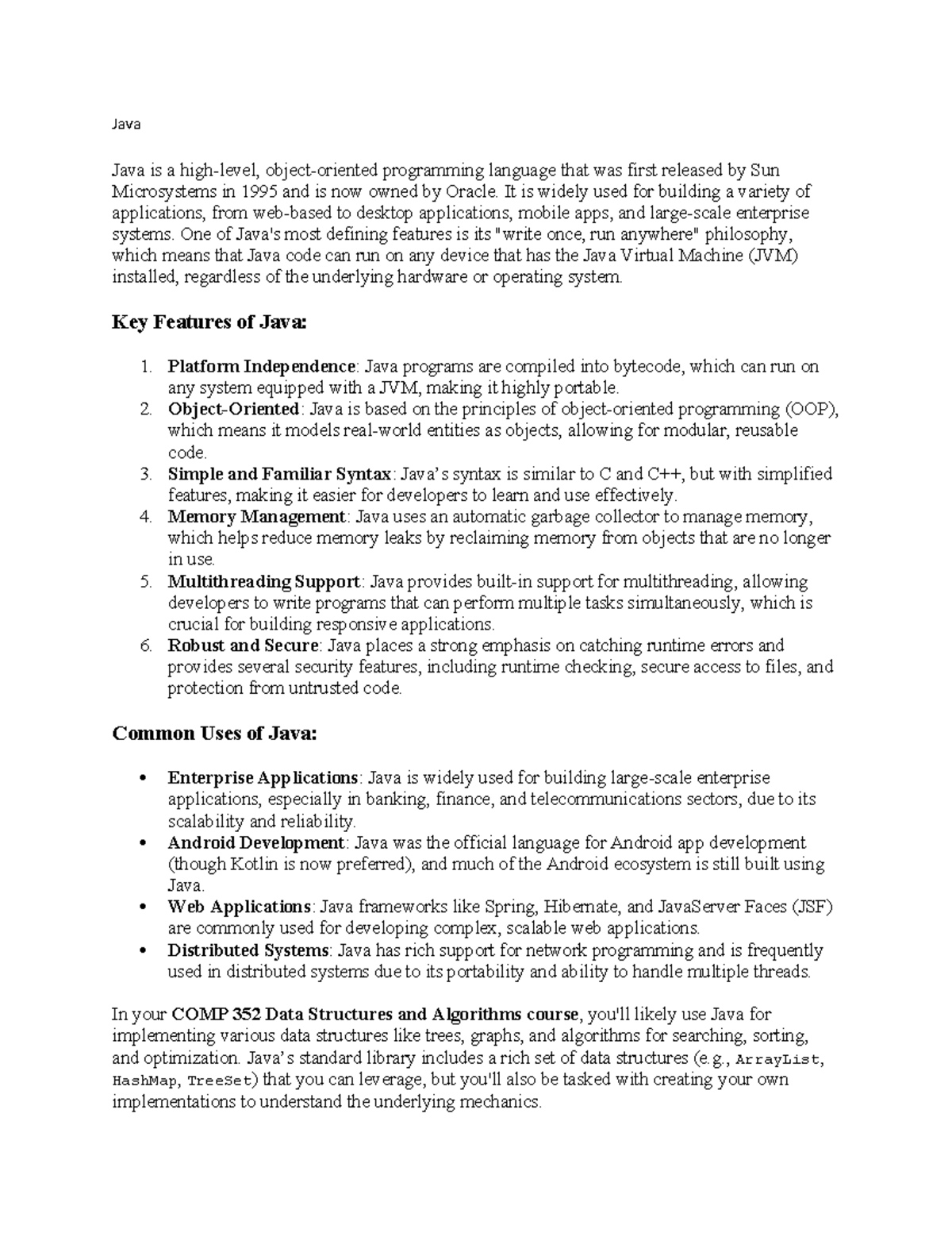 Java Stu Doc Java Java Java Is A High Level Object Oriented
