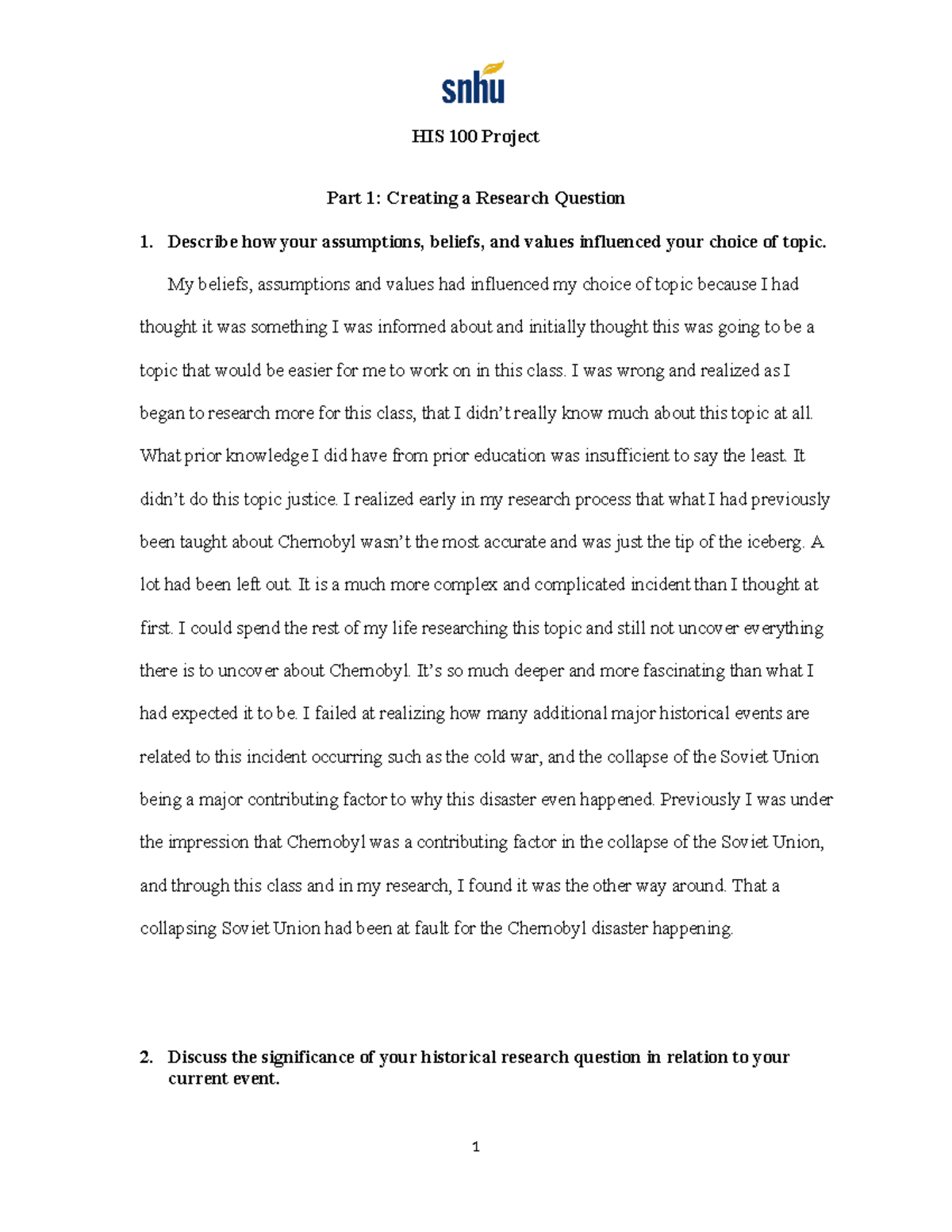 HIS 100 Final Project - HIS 100 Project Part 1: Creating a Research ...