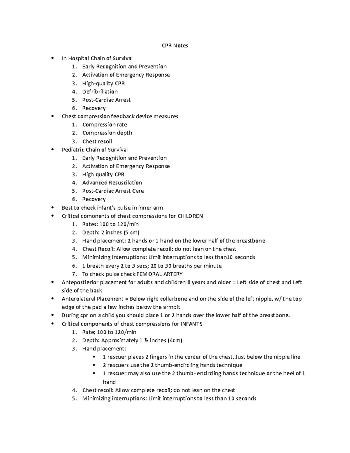 CPR Notes - CPR Notes In Hospital Chain of Survival Early Recognition ...