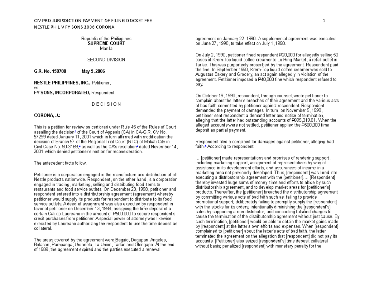 Nestle Phil v FY Sons 2006 Corona - NESTLE PHIL V FY SONS 2006 CORONA ...