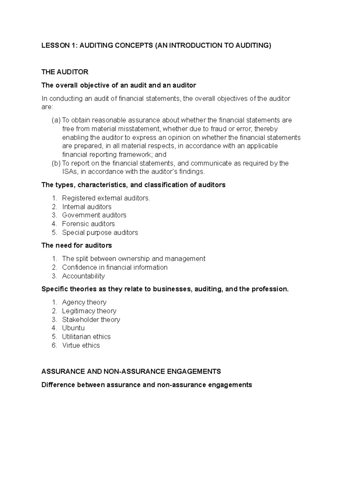 Lesson 1 - Notes - LESSON 1: AUDITING CONCEPTS (AN INTRODUCTION TO ...