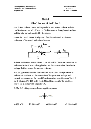 Sheet DC circuit part(3) - Giza Engineering Institute (GEI) Electric Circuits 1 Electronics and ...