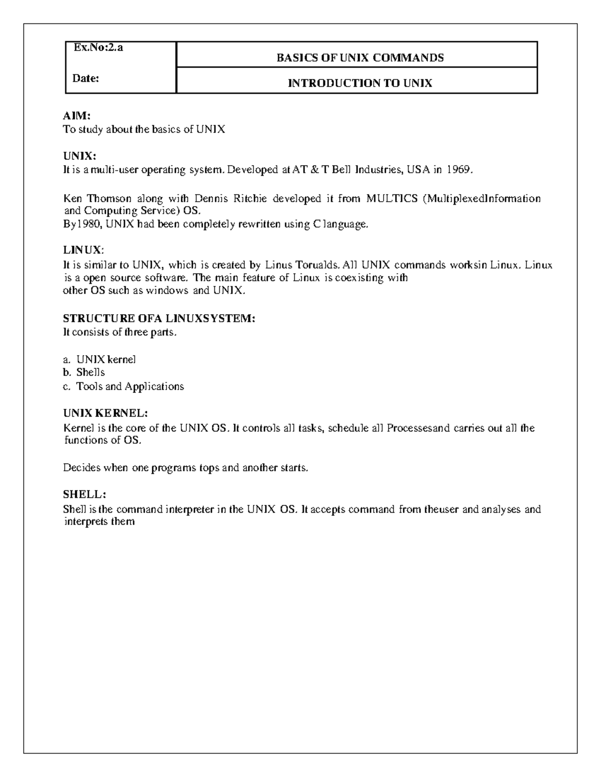 Introduction to operating system lab manual - Ex:2 Date: BASICS OF UNIX ...