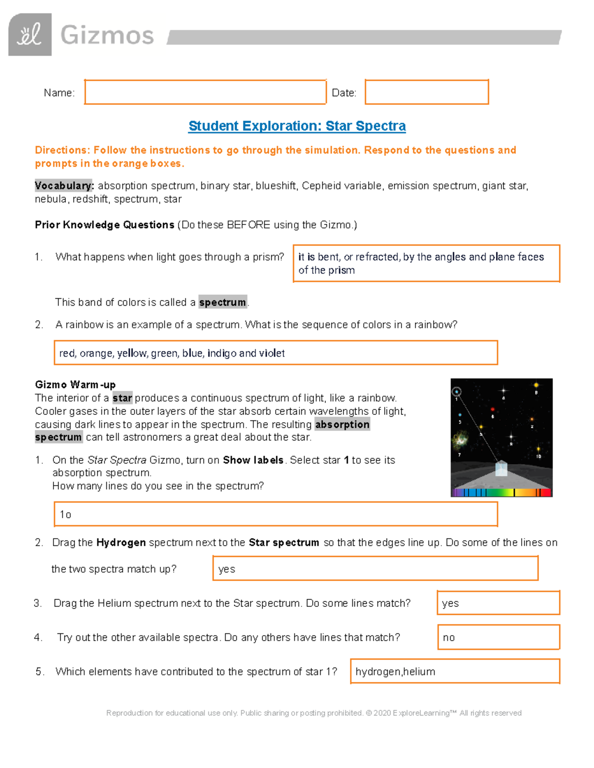 Atomic Spectra Lab 9967754 Name Date Student Exploration Star
