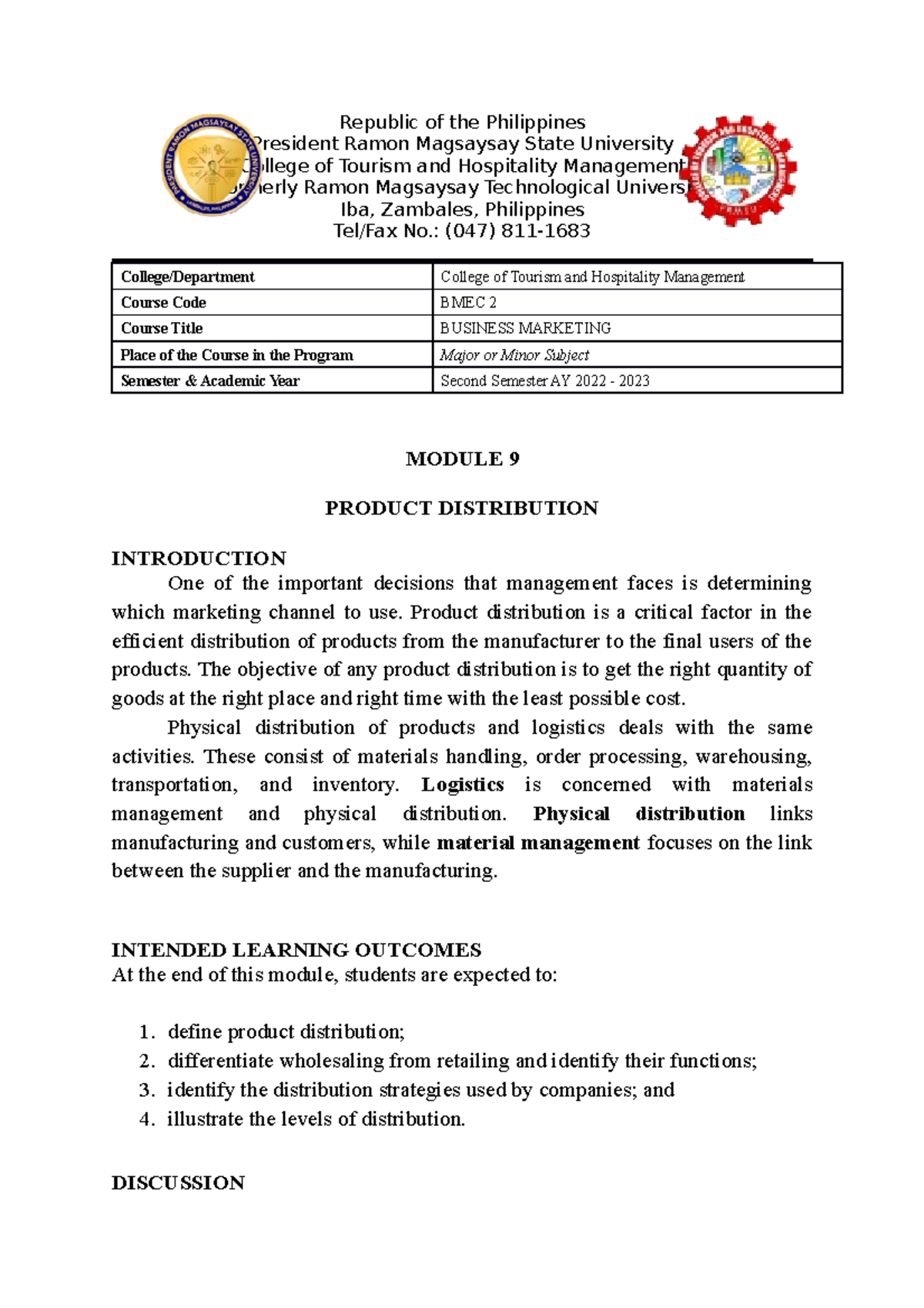Module 9 Product Distribution - Republic of the Philippines President ...