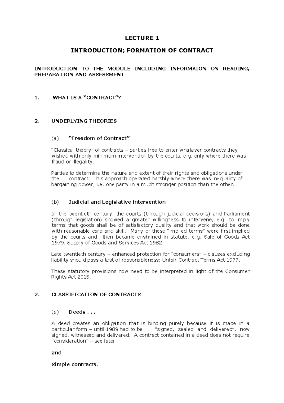INTRODUCTION; FORMATION OF CONTRACT - LECTURE 1 INTRODUCTION; FORMATION ...