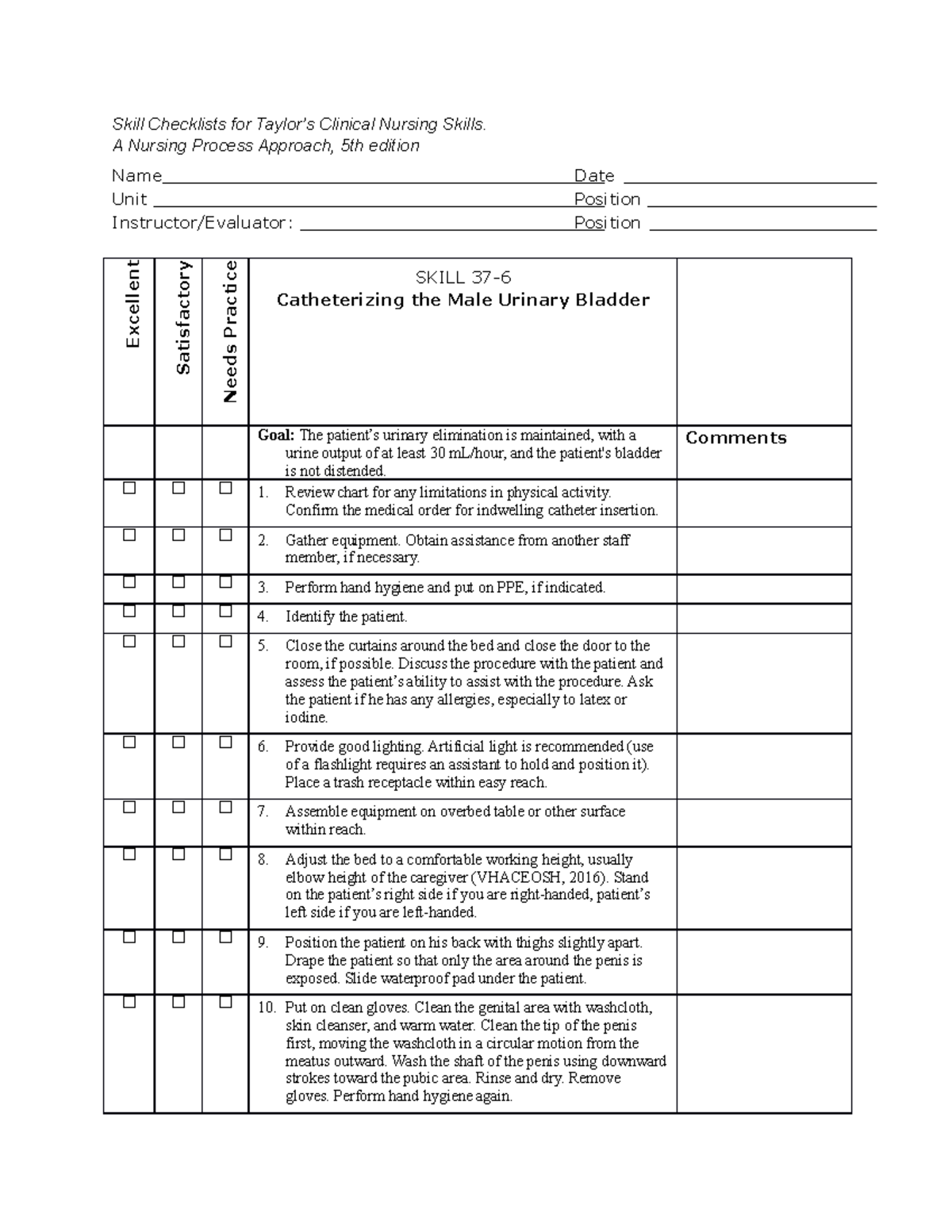 Skill Checklist - Foley Insertion - Male - Skill Checklists for Taylor ...