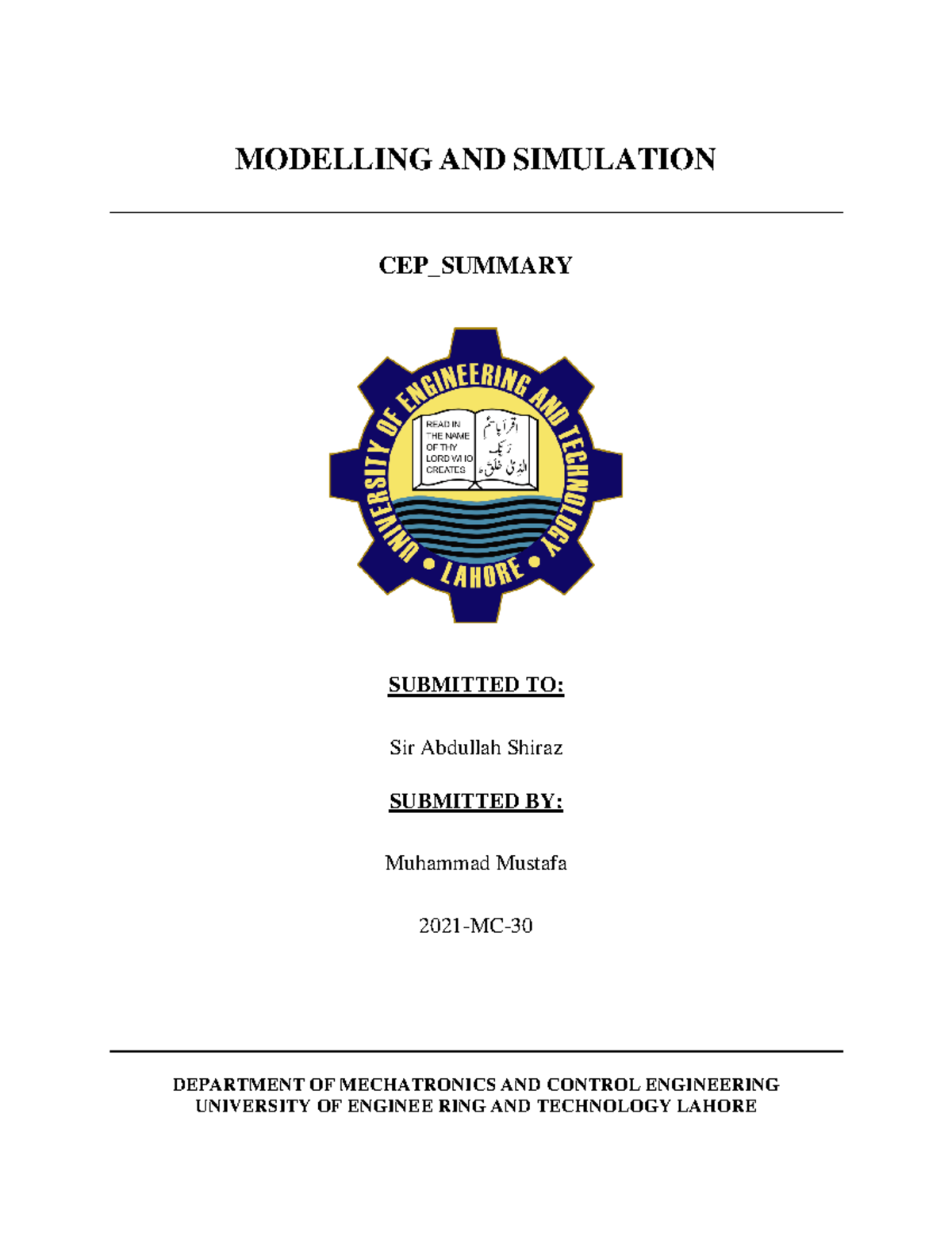 Modelling AND Simulation CEP-Summary - MODELLING AND SIMULATION CEP_SUMMARY SUBMITTED TO: Sir ...