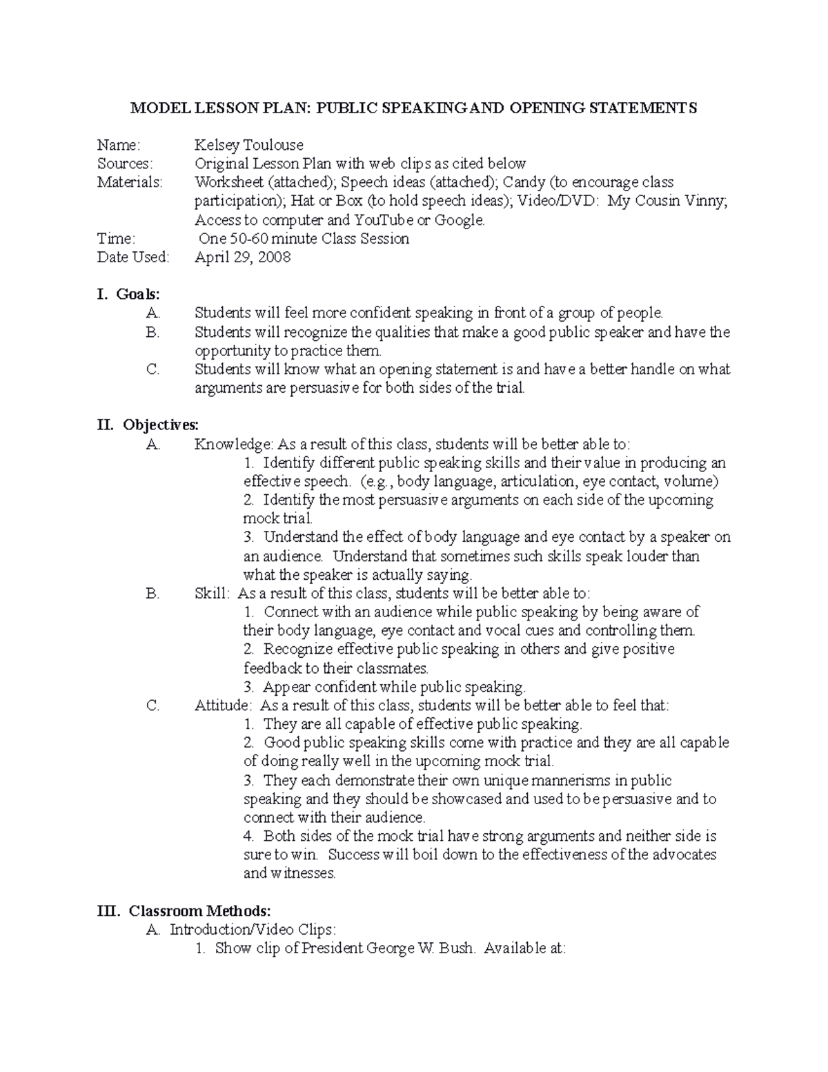 Publicspeaking - JOBSHEET - MODEL LESSON PLAN: PUBLIC SPEAKING AND ...