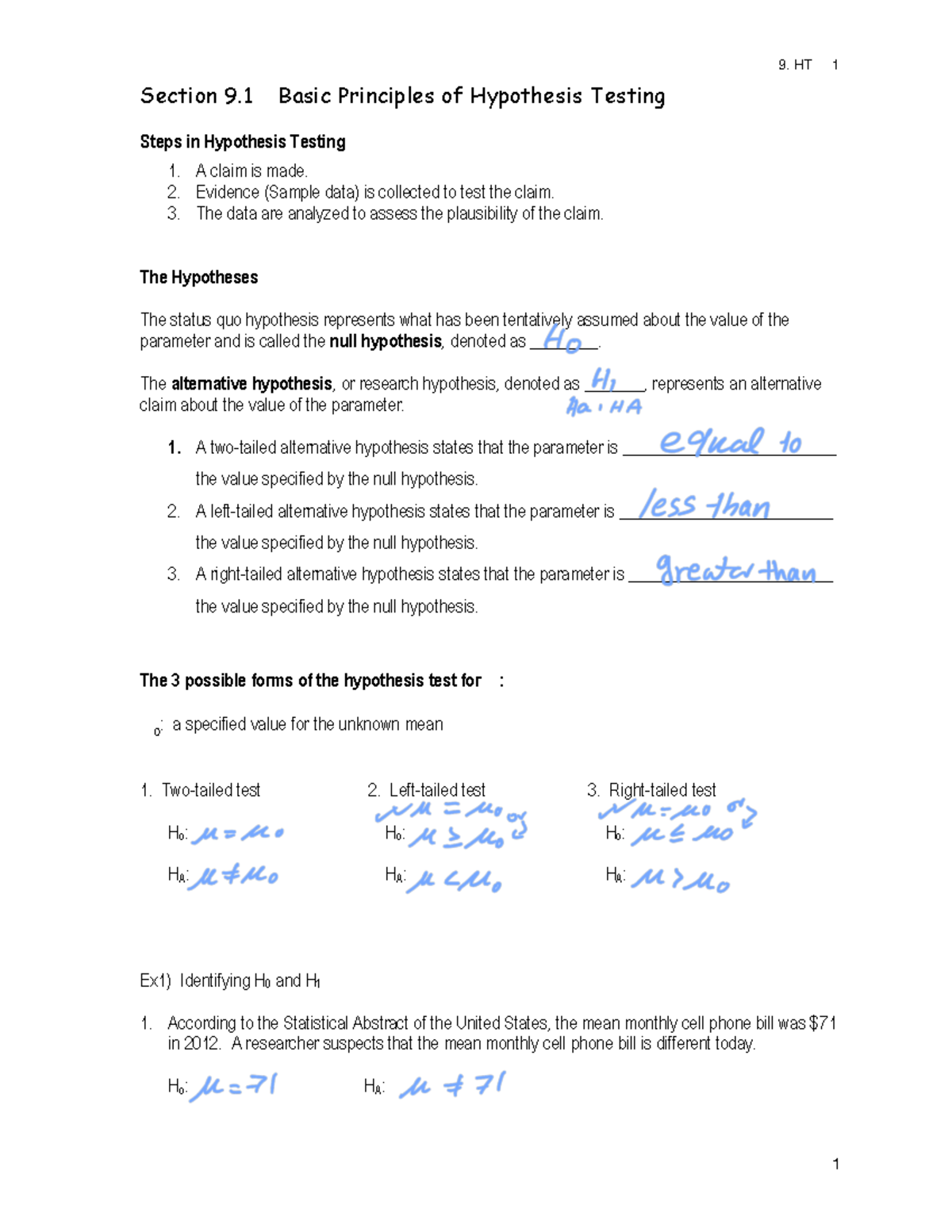 M110+ch9+HT - Basic principles of hypothesis testing - Section 9 Basic ...