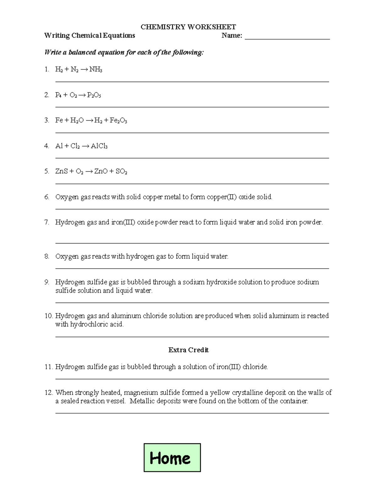 Writing Chemical Equations 2 - CHEMISTRY WORKSHEET Writing Chemical ...