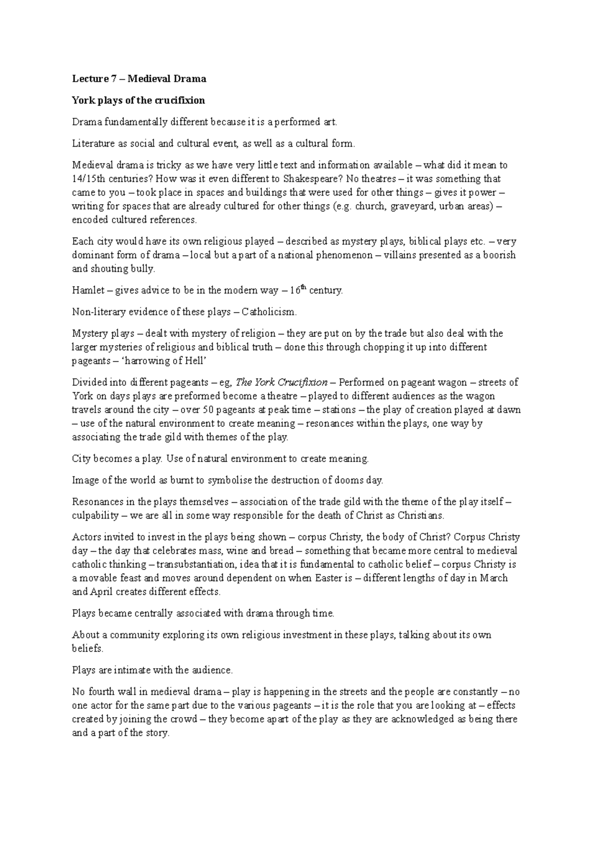 Lecture 7 Medieval Drama - Lecture 7 – Medieval Drama York plays of the ...