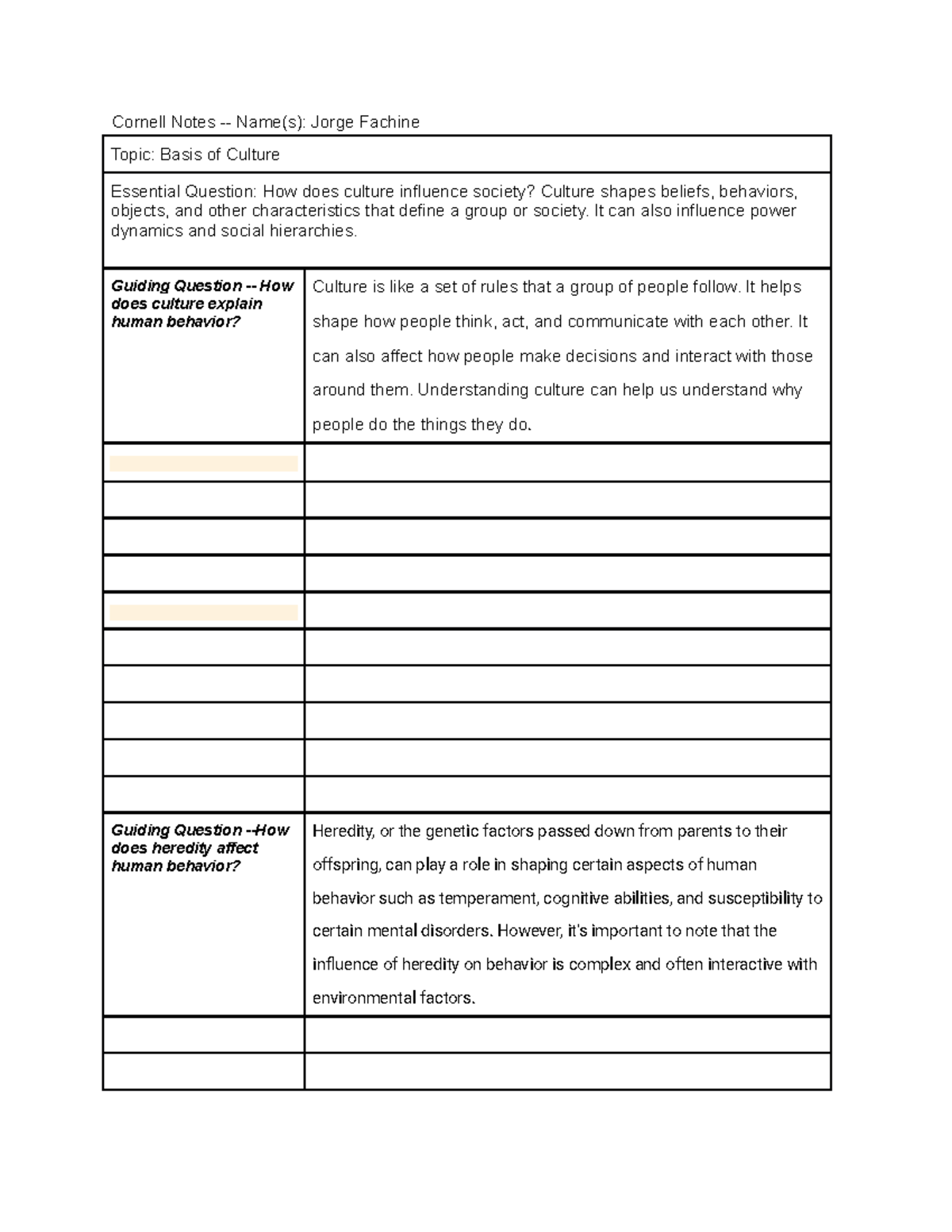Copy of Basis of Culture Cornell notes - Cornell Notes - Name(s): Jorge ...