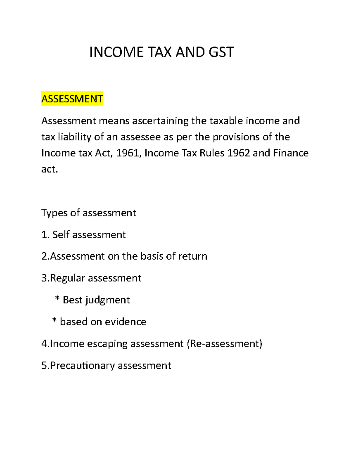 Assessment in INCOME TAX AND GST ( 6 th semester b com final year ...