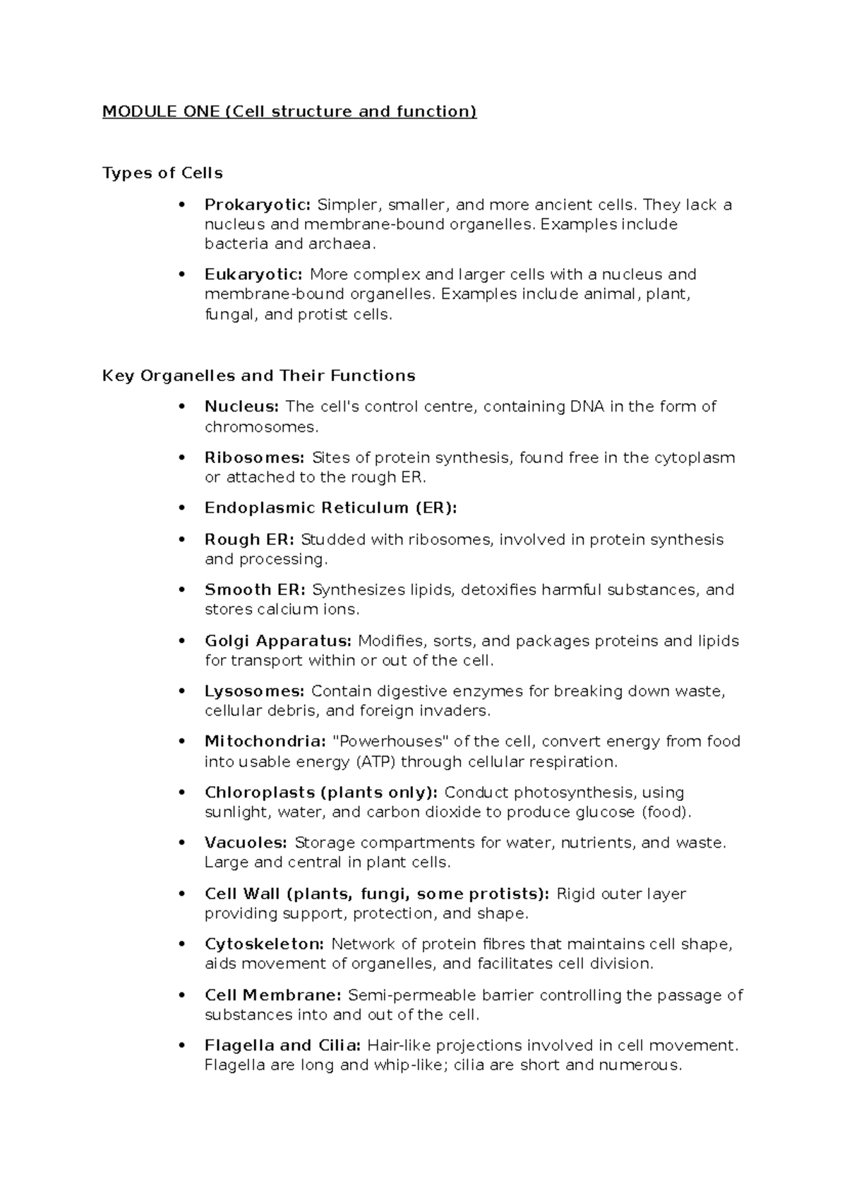 Biology Mod1 Notes - MODULE ONE (Cell structure and function) Types of ...