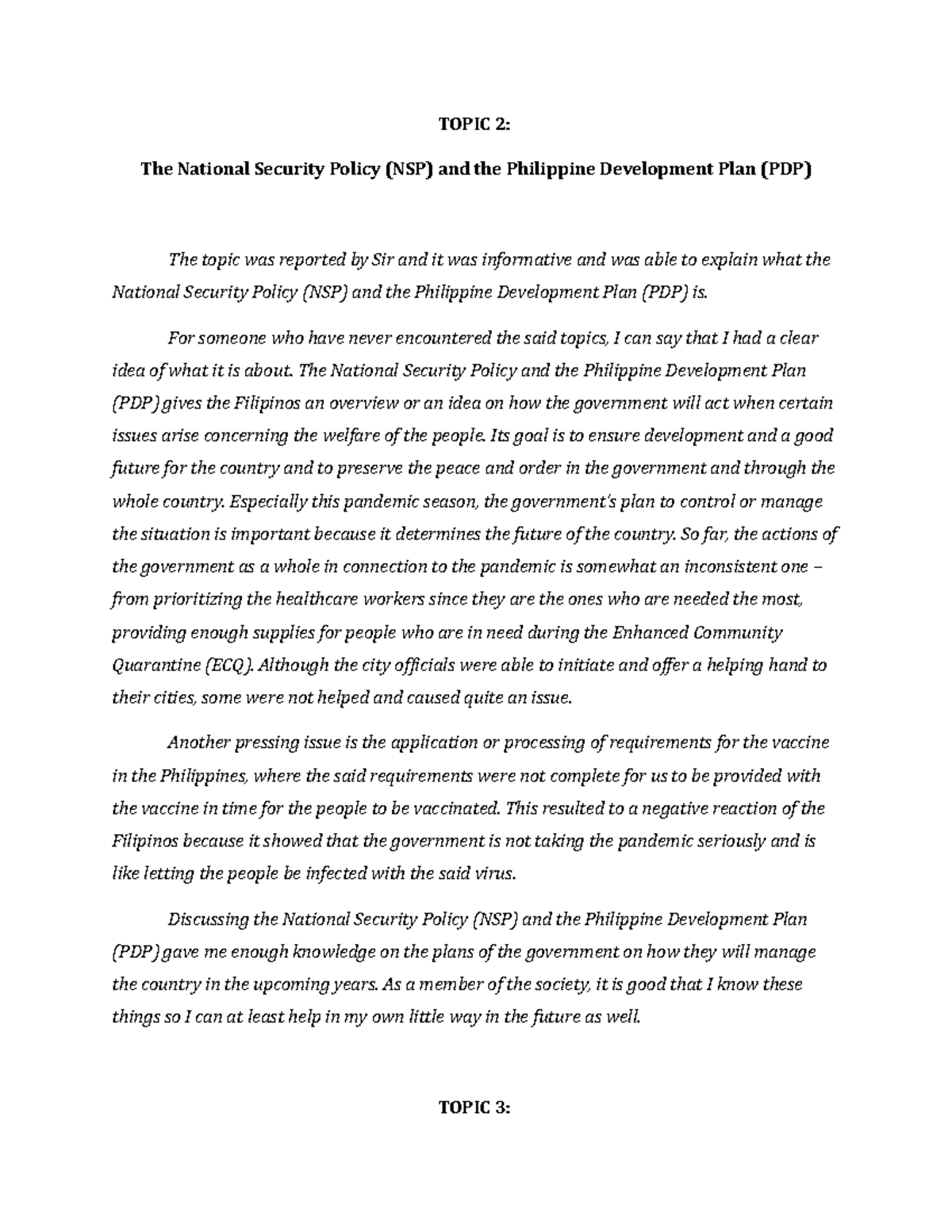 Reaction Paper - Homework - The National Security Policy (NSP) and the ...