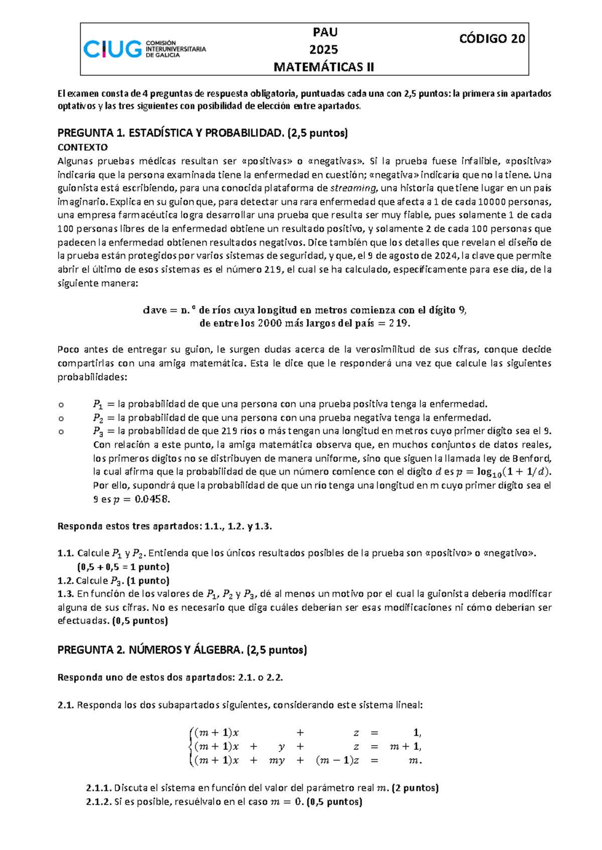 PAU Galicia model 2025 - .......... - PAU 2025 MATEMÁTICAS II CÓDIGO 20 ...