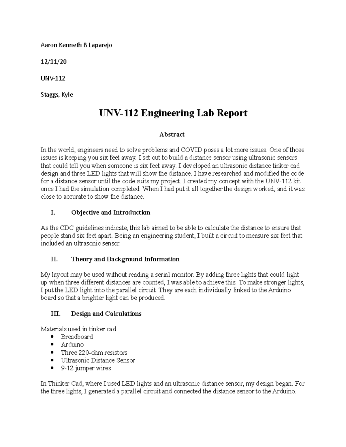 UNV 112 Distance Lights - Aaron Kenneth B Laparejo 12/11/ UNV- Staggs ...