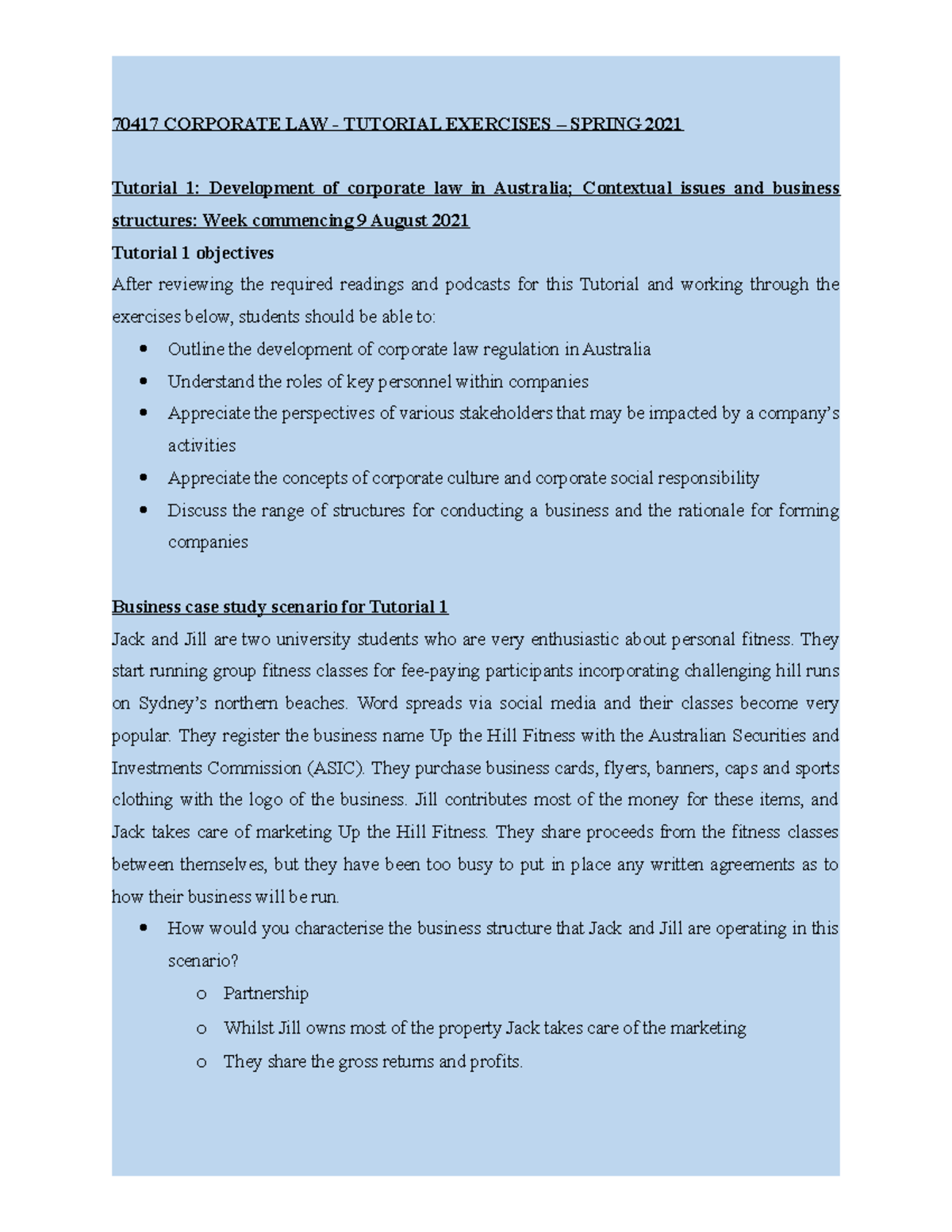 Tutorial Exercises - 70417 CORPORATE LAW - TUTORIAL EXERCISES – SPRING ...