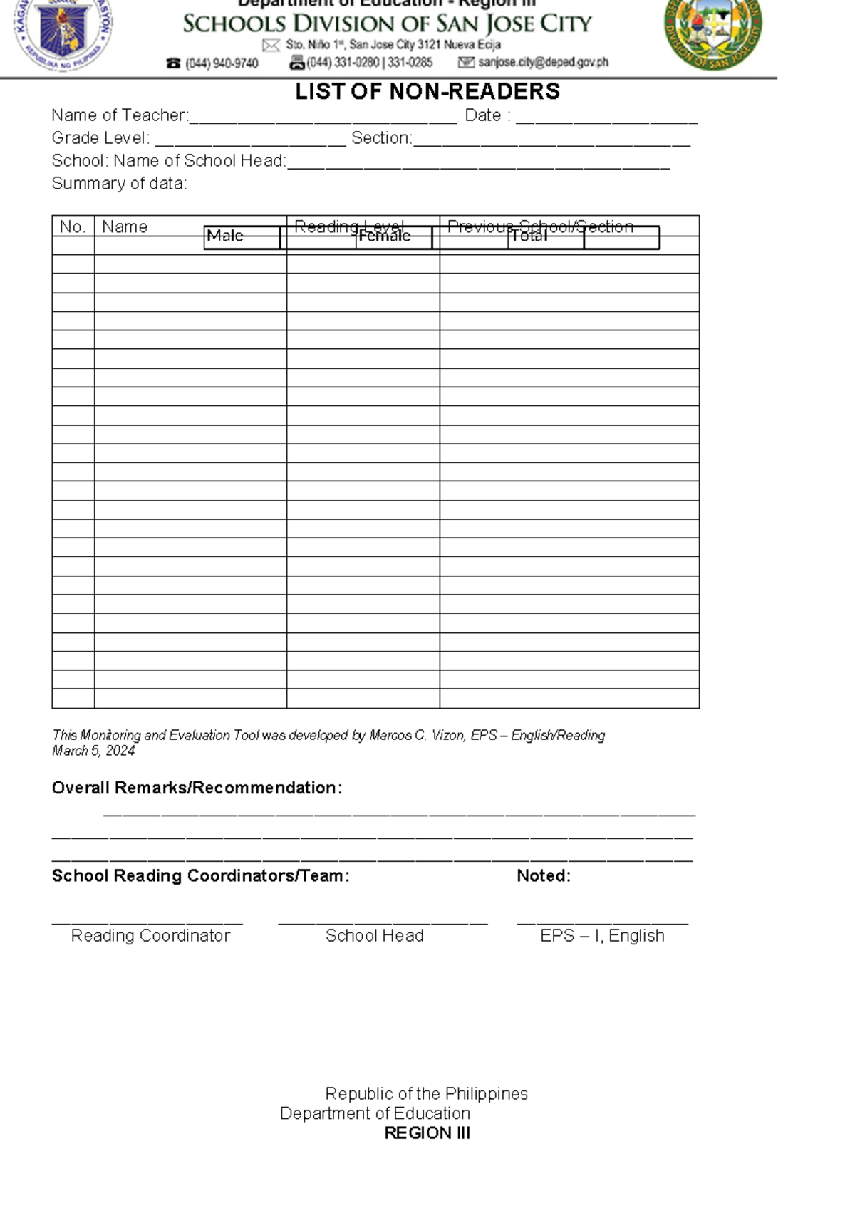 STAR ERIC List NR Frus - READING - Male Female Total LIST OF NON ...