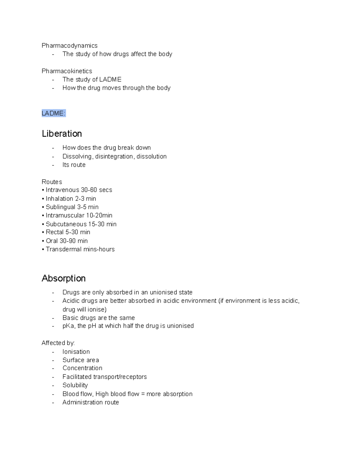 BM study doc - Weeks 6/7-10 - Pharmacodynamics - The study of how drugs ...
