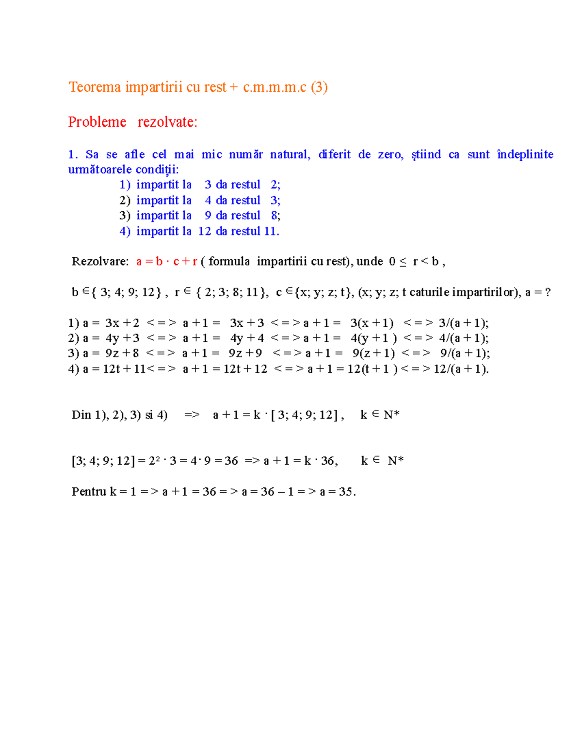 Teorema impartirii cu rest c m m m c - Teorema impartirii cu rest + c.m ...