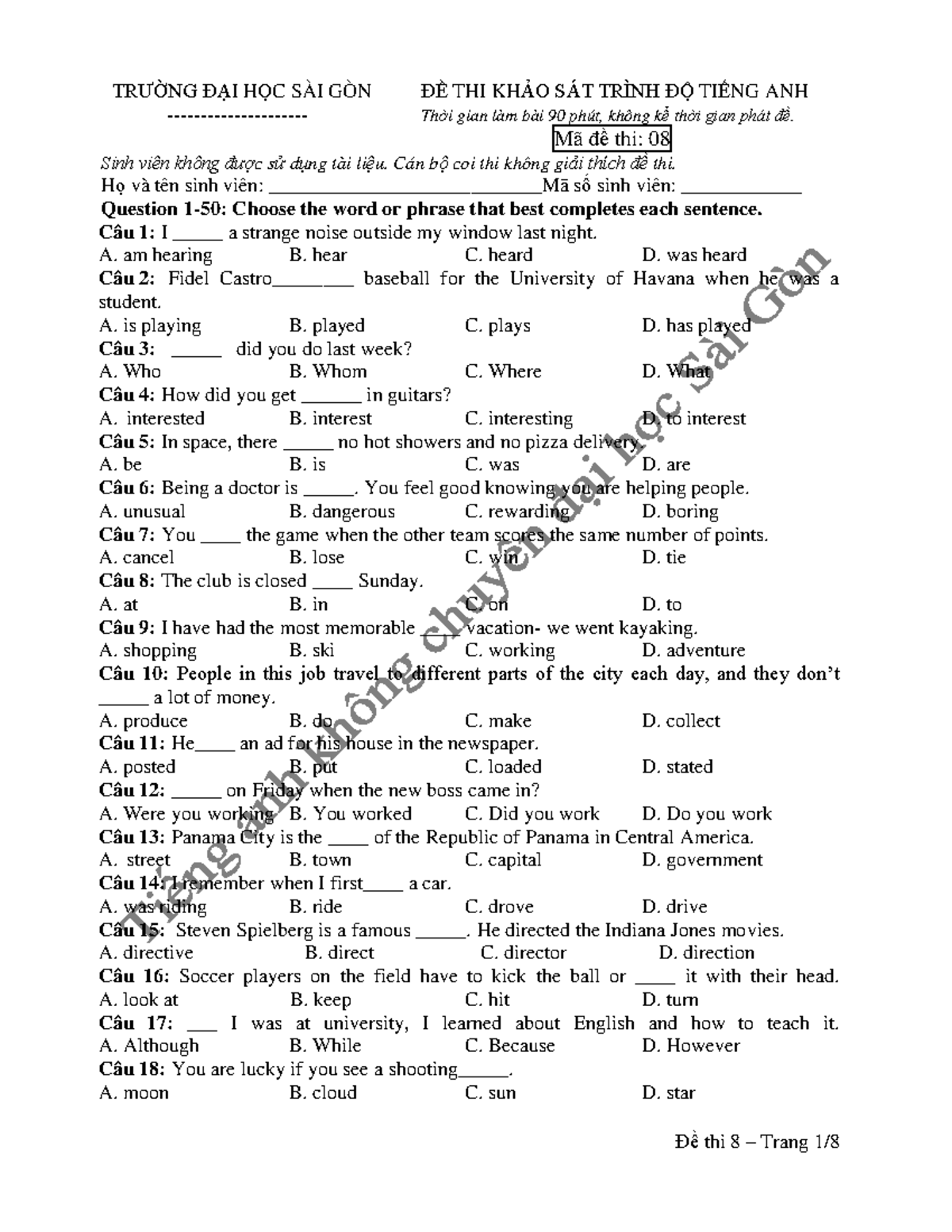 Đề 8 - adfgf - TRƯỜNG ĐẠI HỌC SÀI GÒN ĐỀ THI KHẢO SÁT TRÌNH ĐỘ TIẾNG ...