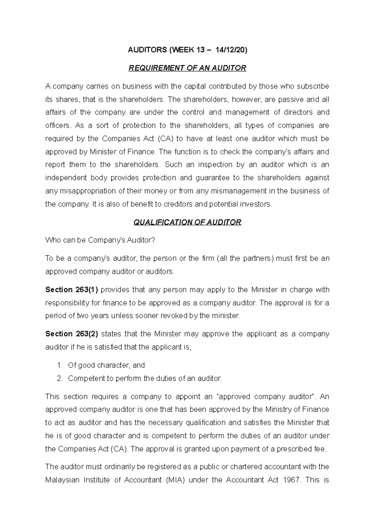 Auditors - WEEK 13 - 1 - AUDITORS (WEEK 13 – 14/12/20) REQUIREMENT OF ...